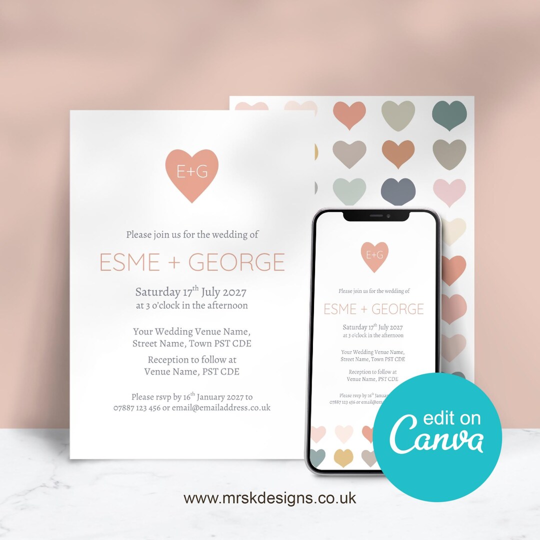 Colourful Heart Pattern Wedding Invitation Template, Editable Canva ...