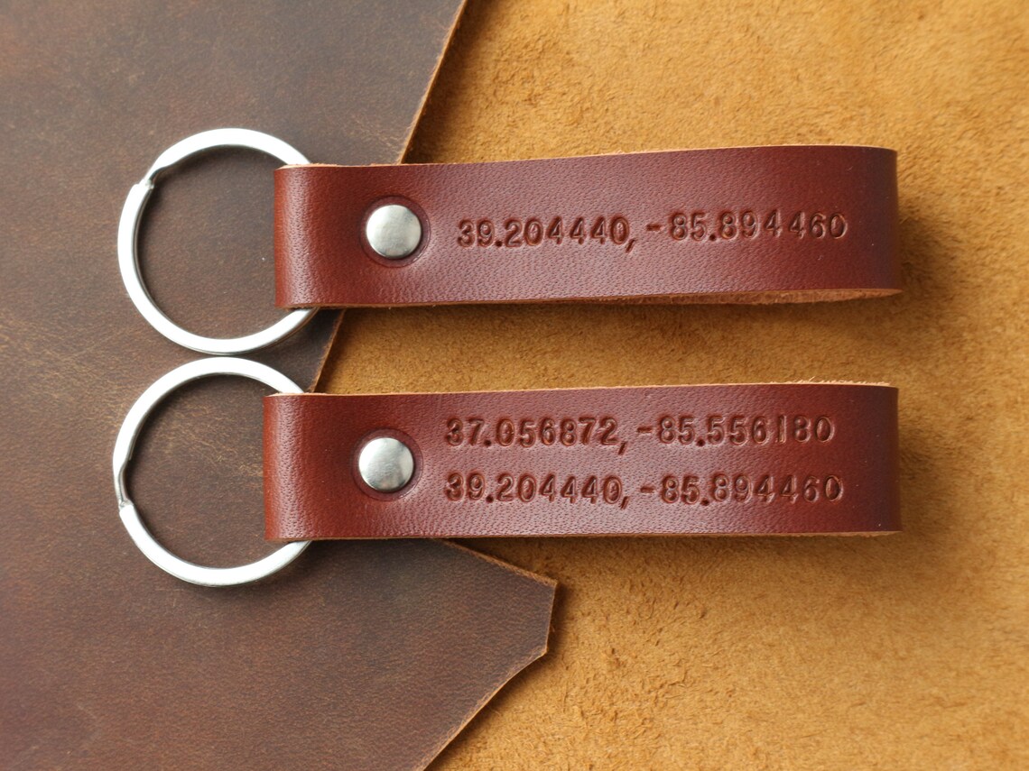 Custom Leather Keychain, Personalized Leather Key Ring, Coordinate ...