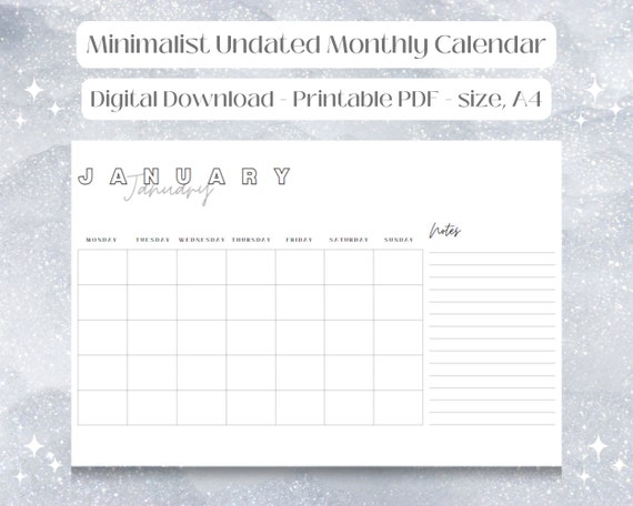 Minimalist Printable Monthly Calendar PDF A4 Blank/undated | Etsy