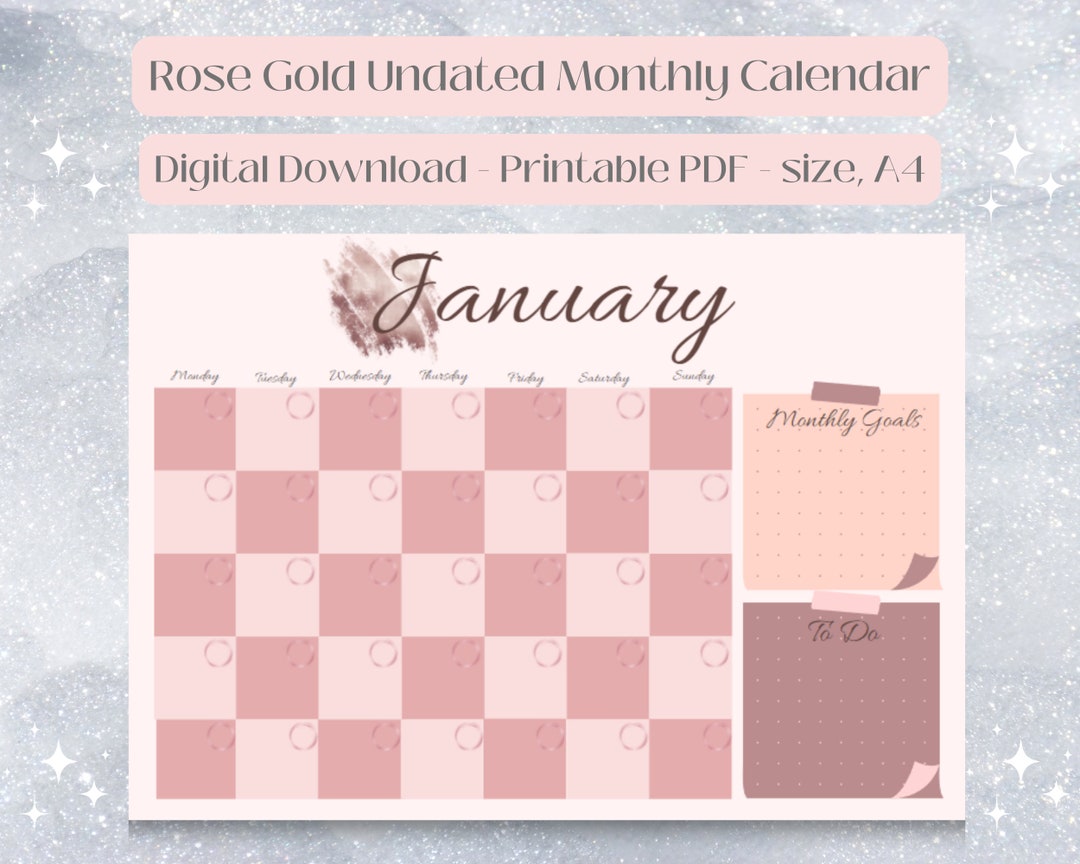 Undated Rose Gold Monthly Calendar, Printable PDF, A4 Landscape Layout ...