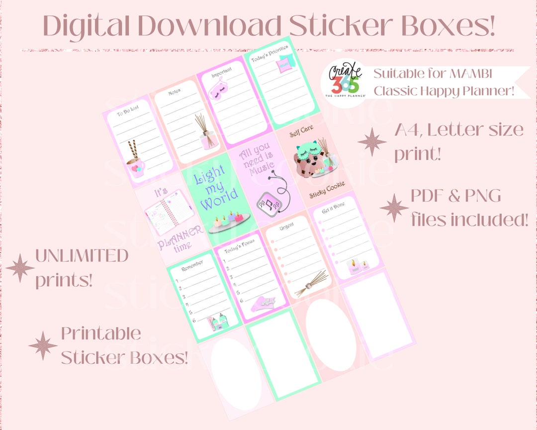 Printable Classic Happy Planner Sticker Boxes, Self Care Sticker Boxes ...