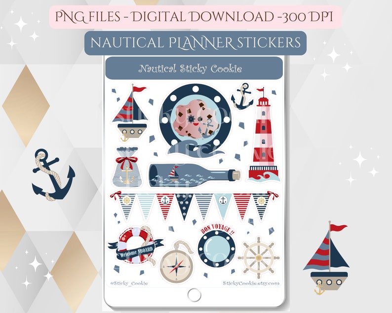 Digital Nautical Stickers, Downloadable Printable Sailor PNG Planner ...
