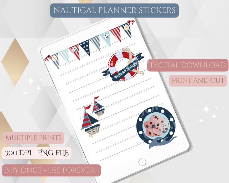 Digital Nautical Stickers, Downloadable Printable Sailor PNG Planner ...