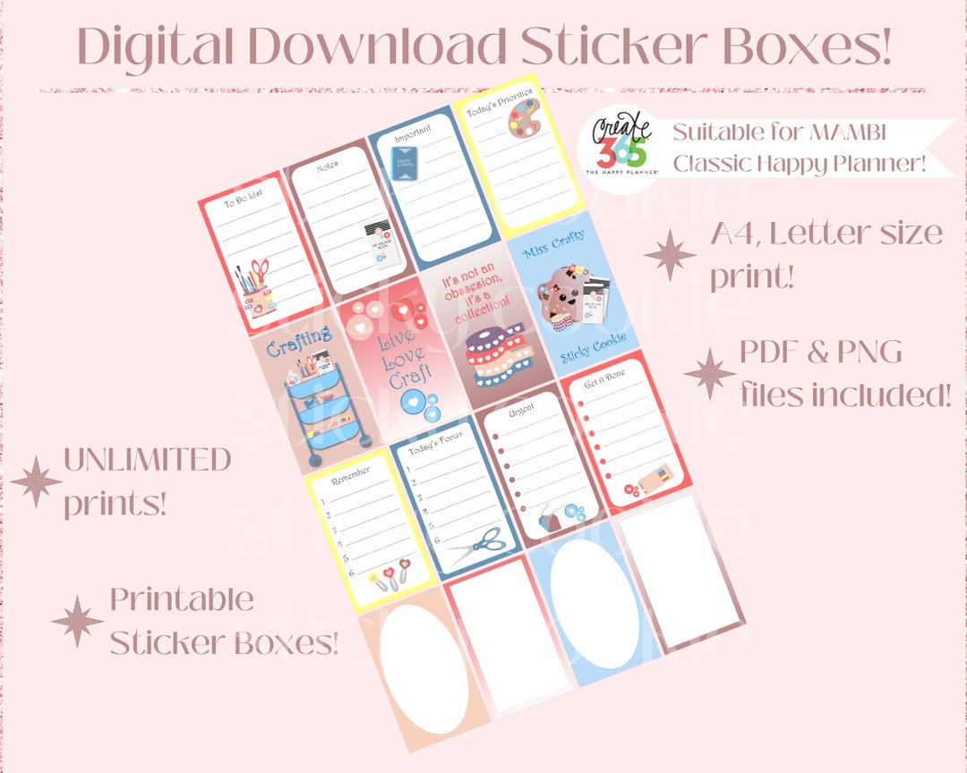 Printable Classic Happy Planner Sticker Boxes, Miss Crafty Sticker ...