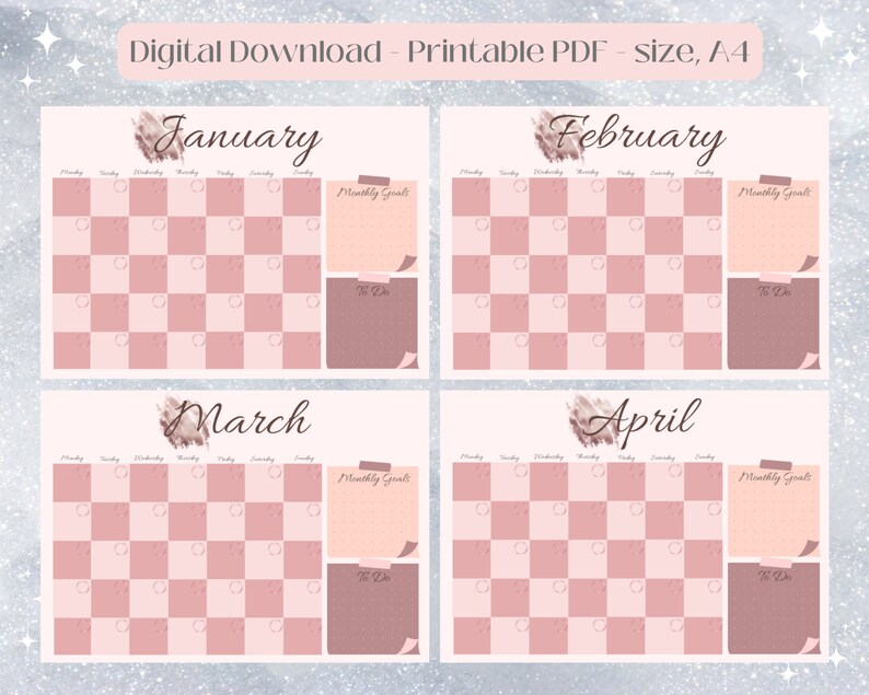 Undated Rose Gold Monthly Calendar, Printable PDF, A4 Landscape Layout ...