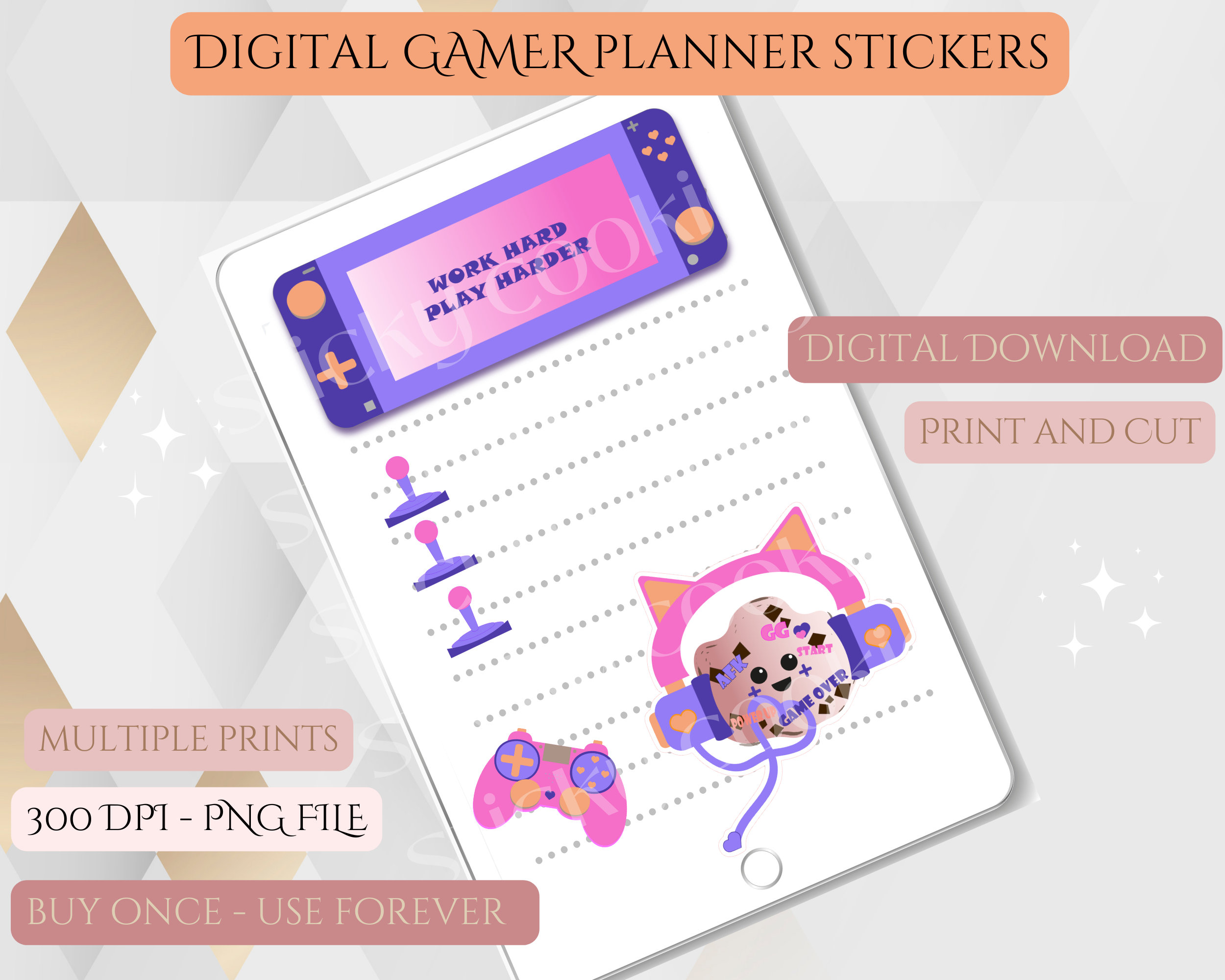 Gamer Sticky Cookie Digital Download Stickers , Planner Printable PNG ...