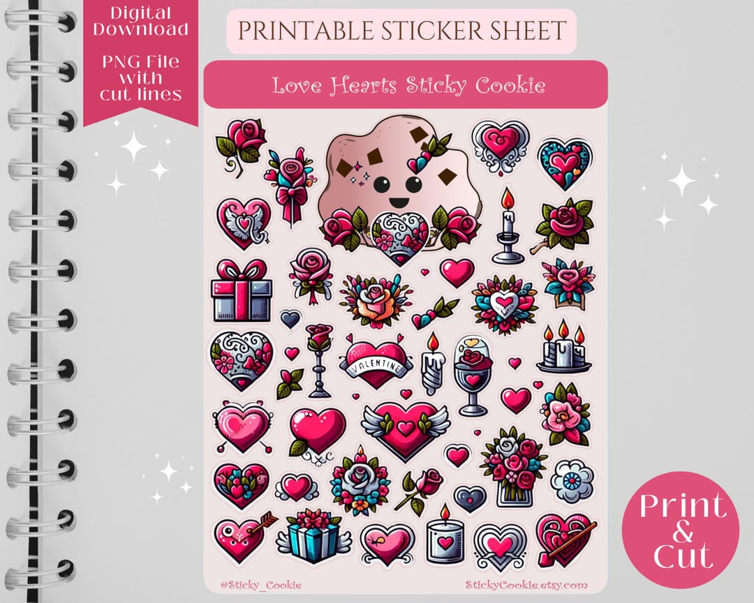 Digital Love Heart Stickers, Downloadable Printable Valentine Floral ...