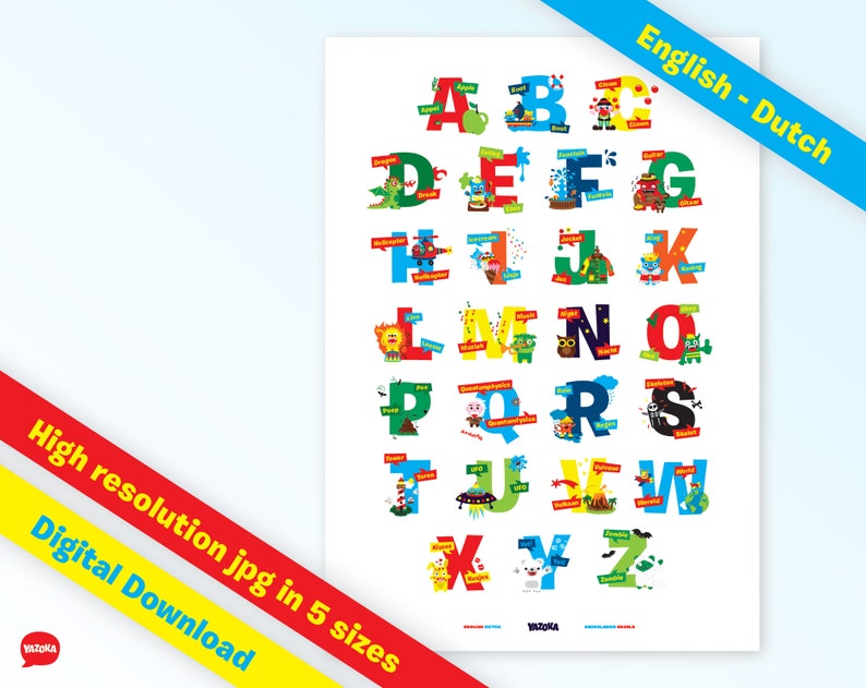 English-dutch Bilingual ABC Alphabet Poster, Educational , Kids Decor ...