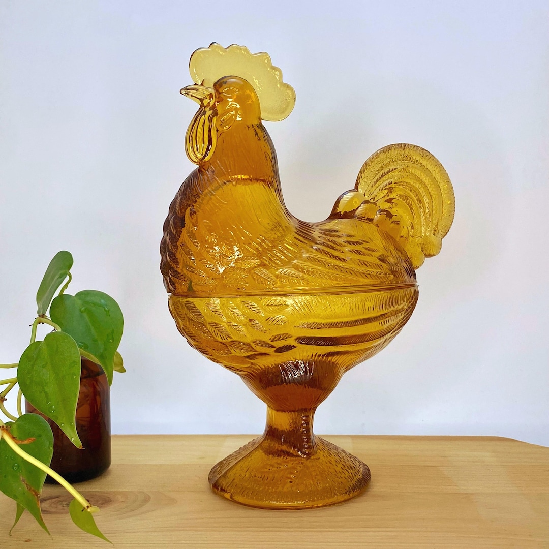 Amber Glass Standing Rooster Candy Dish, Vintage LE Smith 9 Rooster ...
