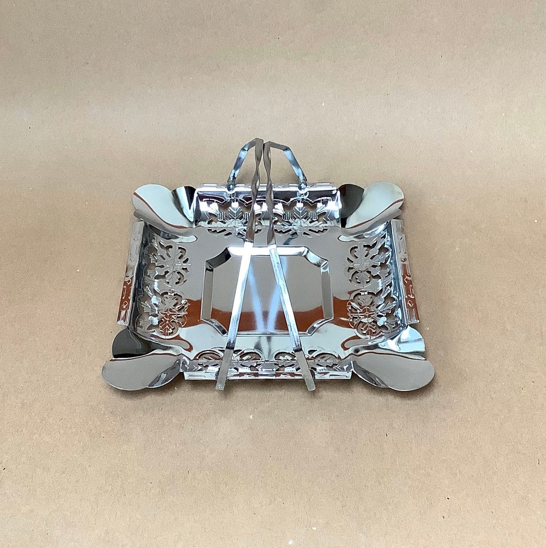 Serving Tray With Folding Handles, Chrome Folding Dessert Tray With ...