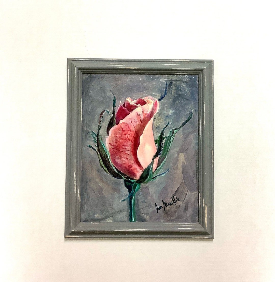 Small Original Pink Rose Painting , Small Painting of a Rose Bud, Pink ...