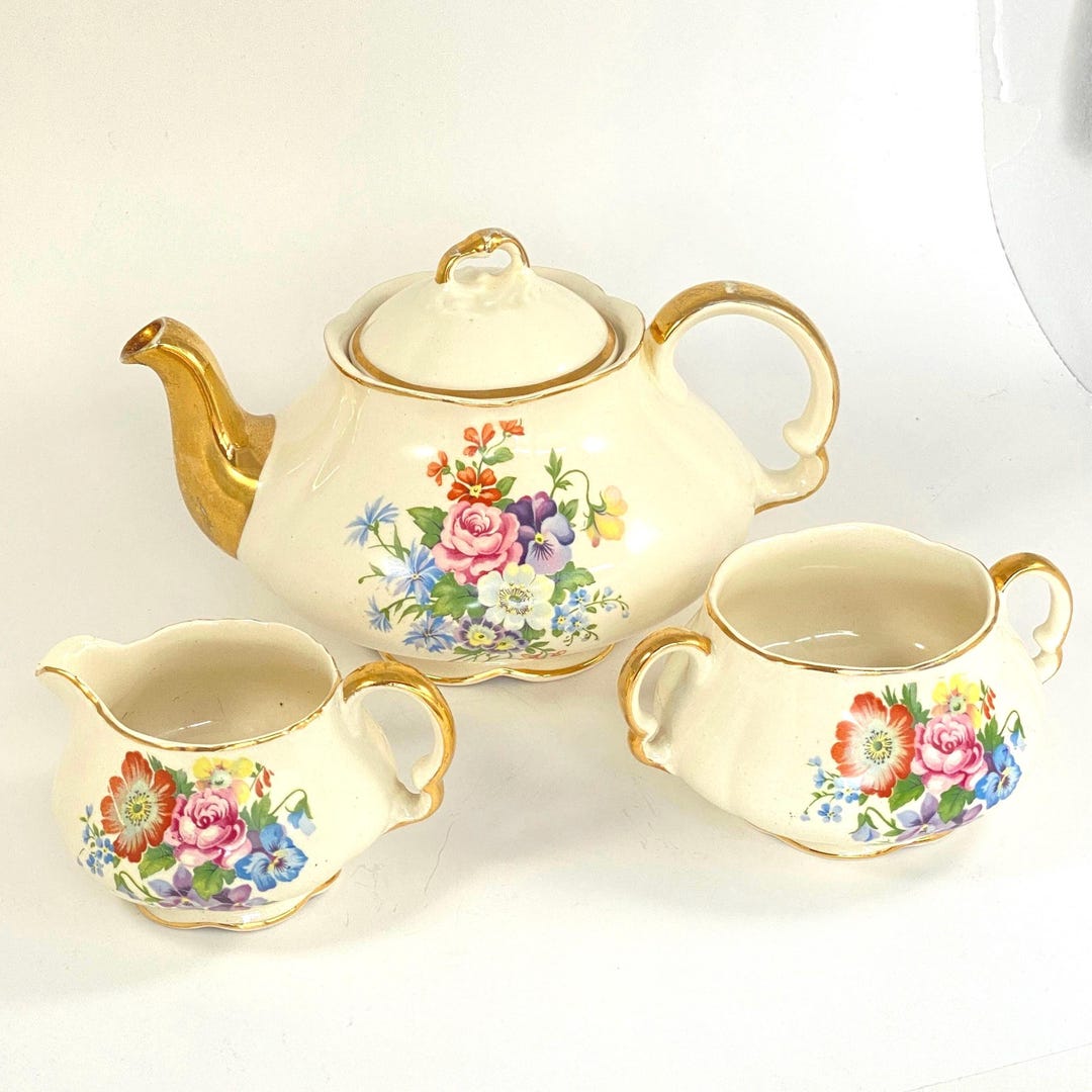 Teapot Set Floral With Gold Trim Teapot, Cream & Sugar Set, Ellgreave ...