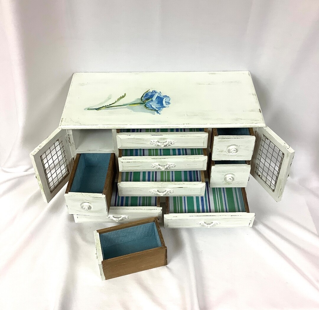 Vintage Refurbished Large Jewelry Box With Hand Painted Blue Rose, Hand ...