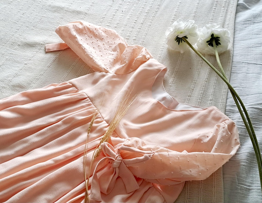 Peach Pink Chiffon Bridesmaid Children's Dress, Knotted Sleeves, Double ...