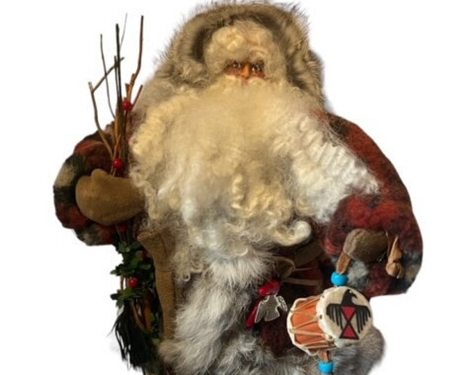 Santa Claus Figurine SIGNED Nancy Beck Native Drum Staff Sculpture ...