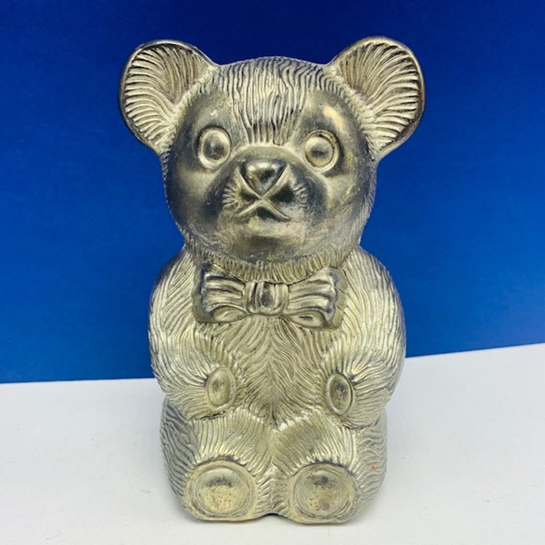 TEDDY BEAR BANK Cast Iron Coin Still Figurine Silver Steel Bow Tie Mcm ...