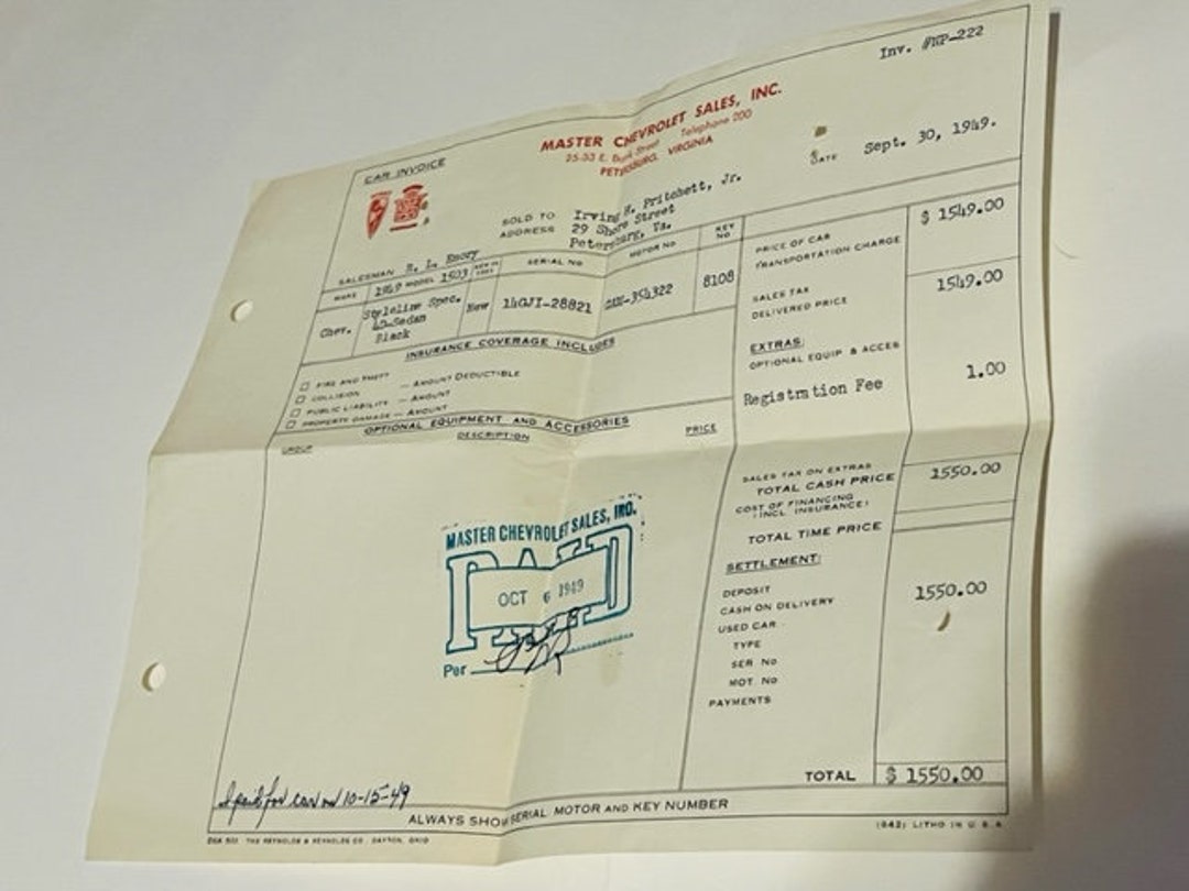 Master Chevrolet Car Receipt 1949 Sales Advertising Ephemera Car ...