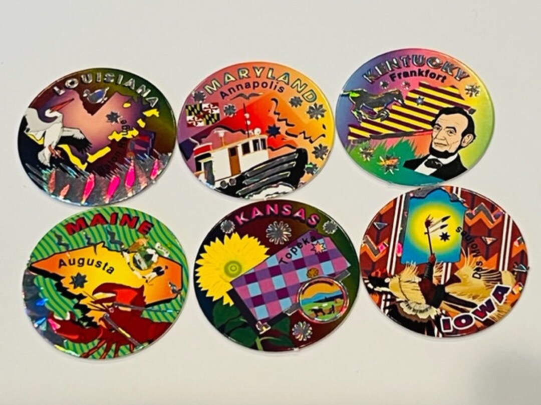 US States Pogs Lot Slammer Milk Cap Game Vtg Maine Iowa Kansas Kentucky ...