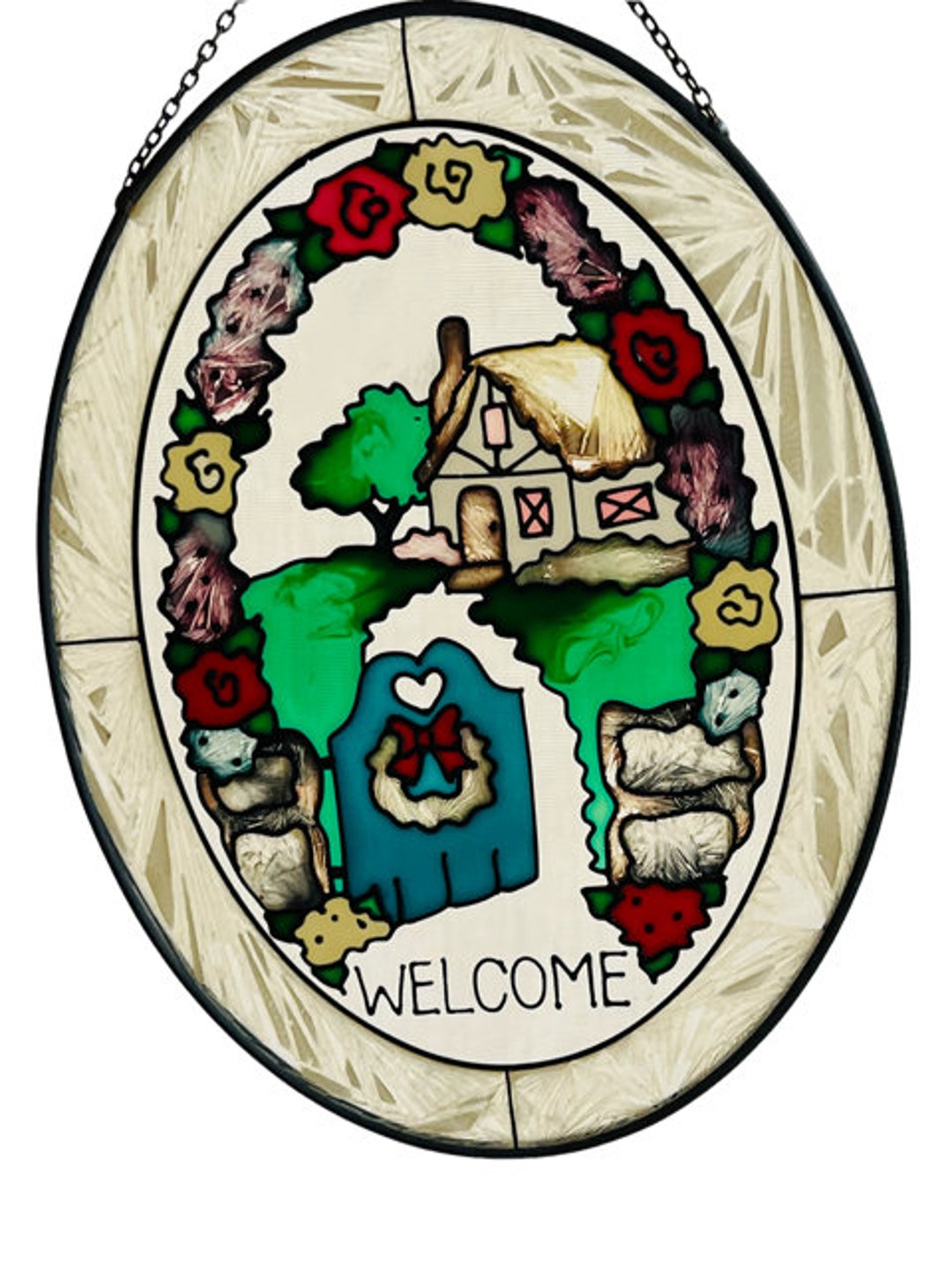Stained Glass Welcome Sign Suncatcher Vtg Oval Cottage Home Mobile ...