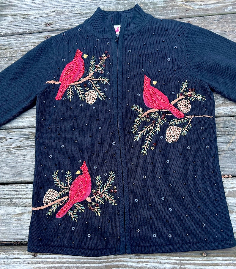 Vintage Christmas Holiday Embroidered Cardinals Cardigan Sweater by the ...