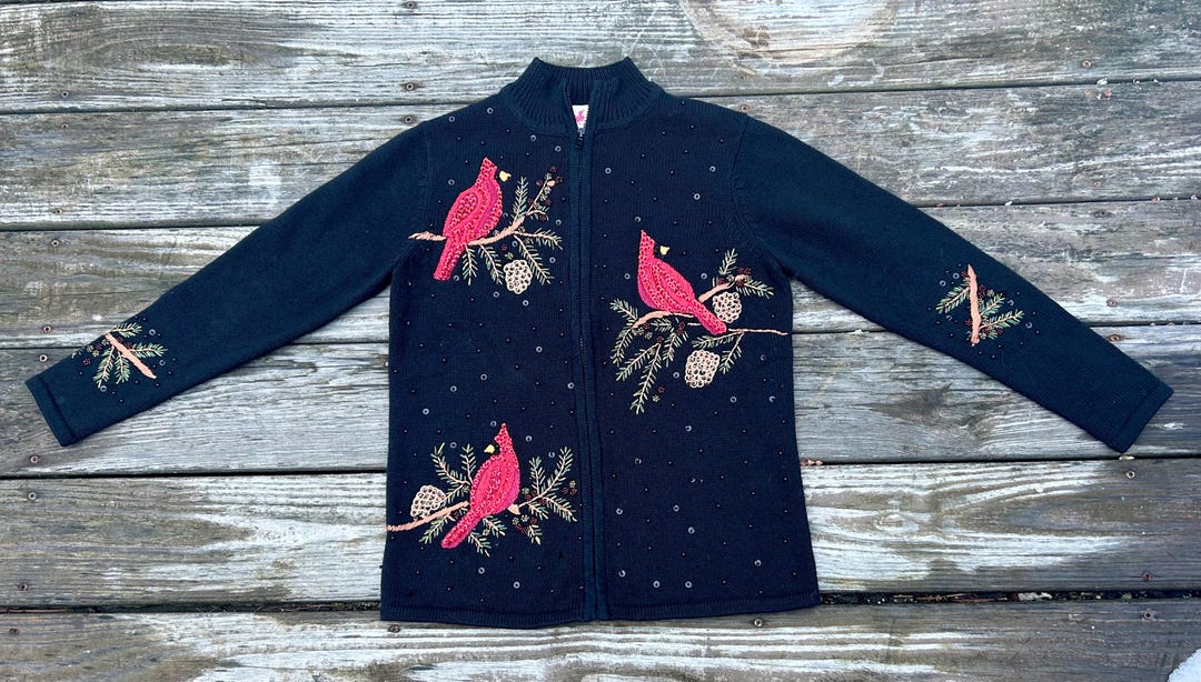 Vintage Christmas Holiday Embroidered Cardinals Cardigan Sweater by the ...