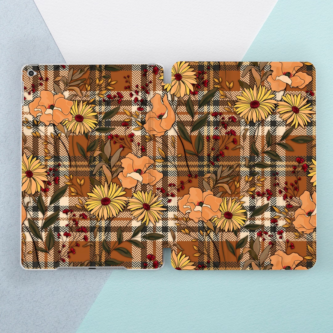 Orange Checkered Print Cute Summer Flowers iPad Case Floral Geometric ...