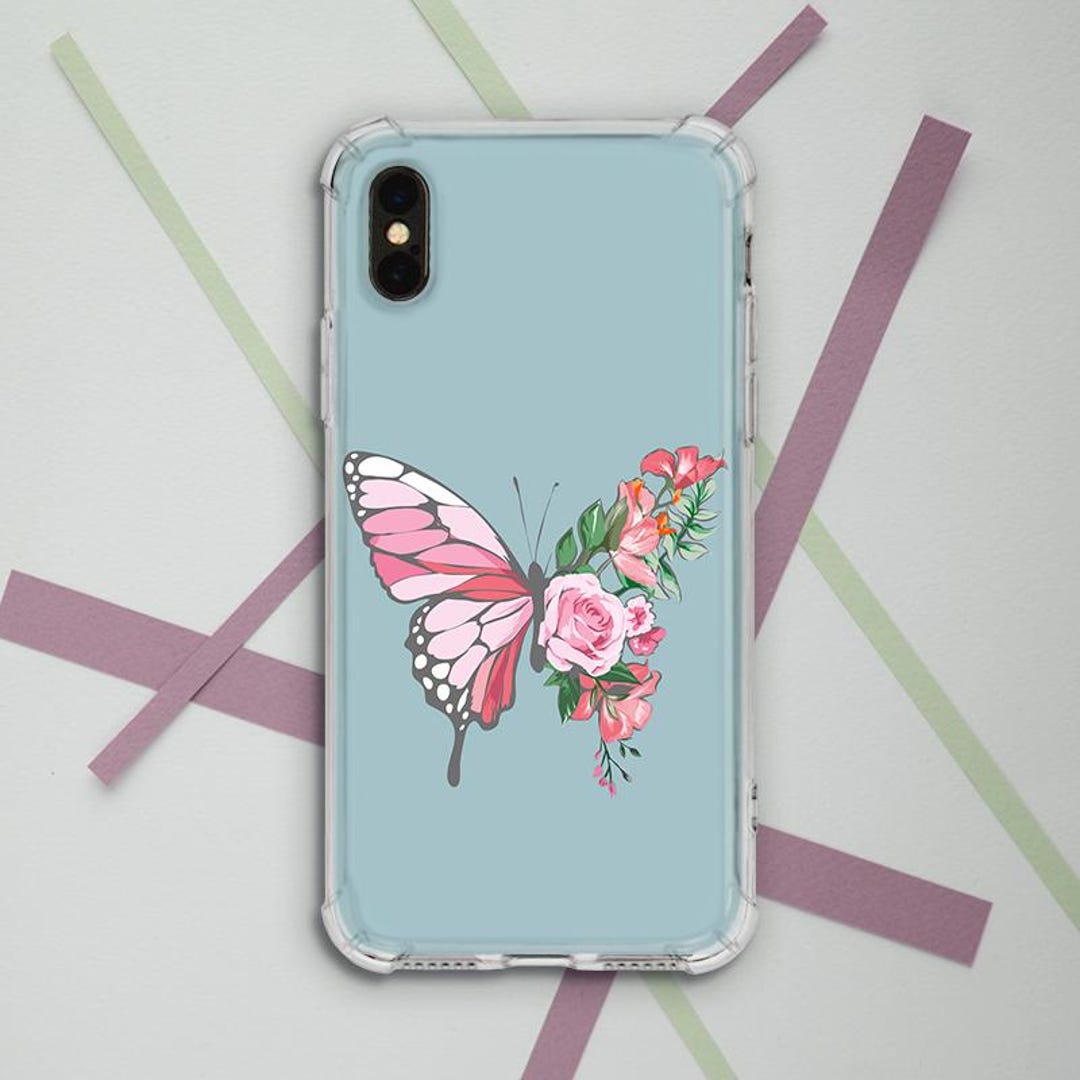 Cute Butterfly Art Light Blue Cover iPhone Case Roses Spring Flowers Print Bumper Phone Case ...