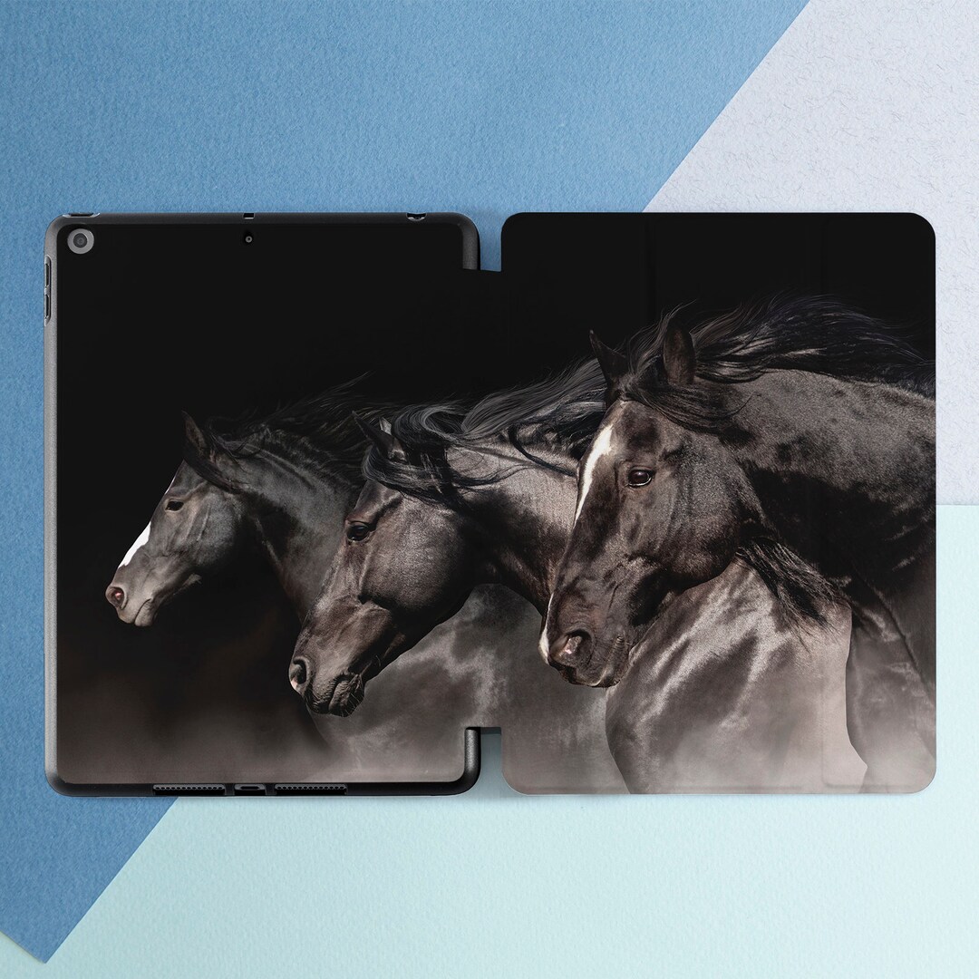 Black Horses Print iPad Case With Pen Slot iPad Case Pencil Dark Animal ...