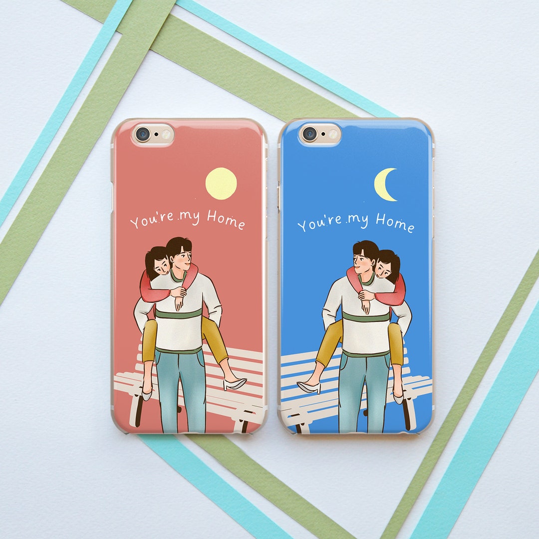 Cute Cartoon Print His and Her Couple Phone Cases Romantic Gift Sun and ...