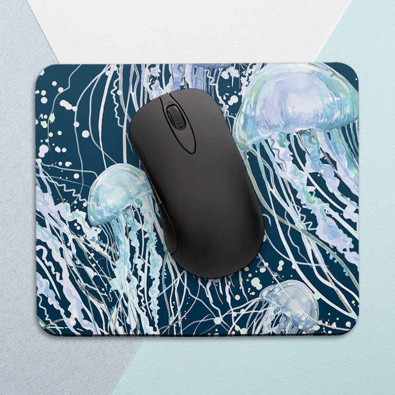 Mousepad Dark Blue Ocean Watercolor Jelly Fish Mousepad Sea | Etsy