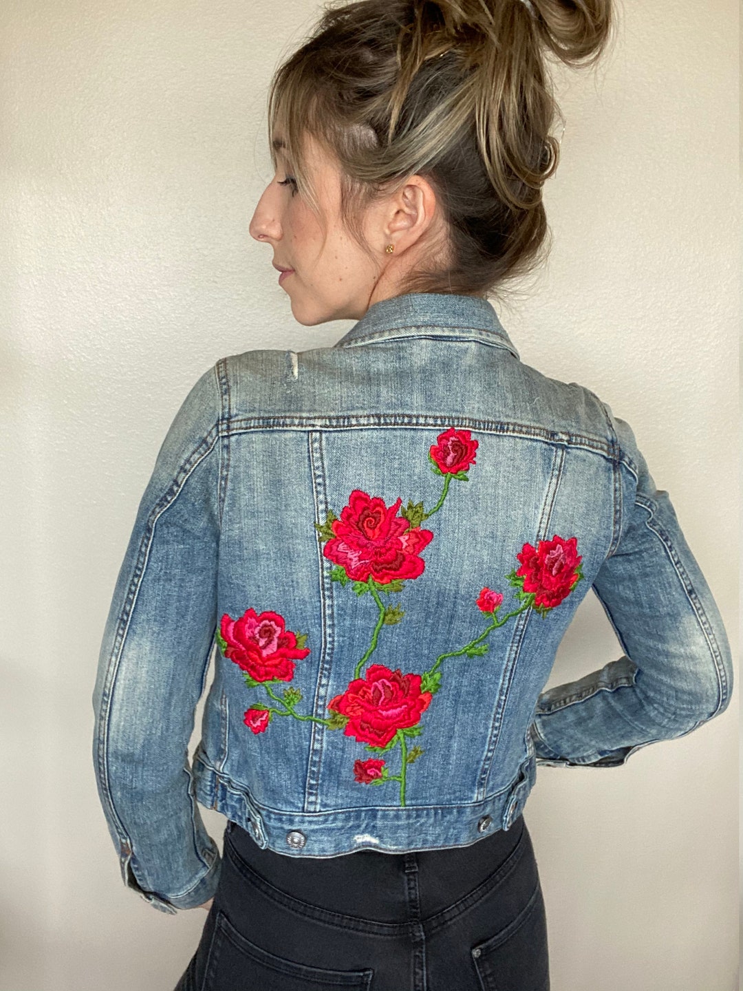 Red Roses Embroidery Denim Jacket - Etsy