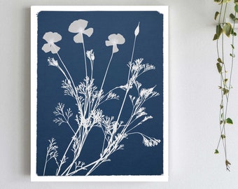 Cyanotype Botanical Print Pressed Flower on Blue Background | Etsy