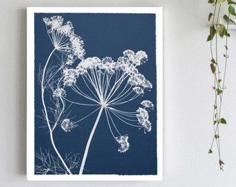 Cyanotype Botanical Print Pressed Flower on Blue Background | Etsy