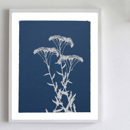 Cyanotype Botanical Print Pressed Flower on Blue Background | Etsy