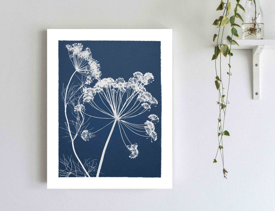 Cyanotype Print - Flowers on Navy Blue Background - Pressed Flower ...