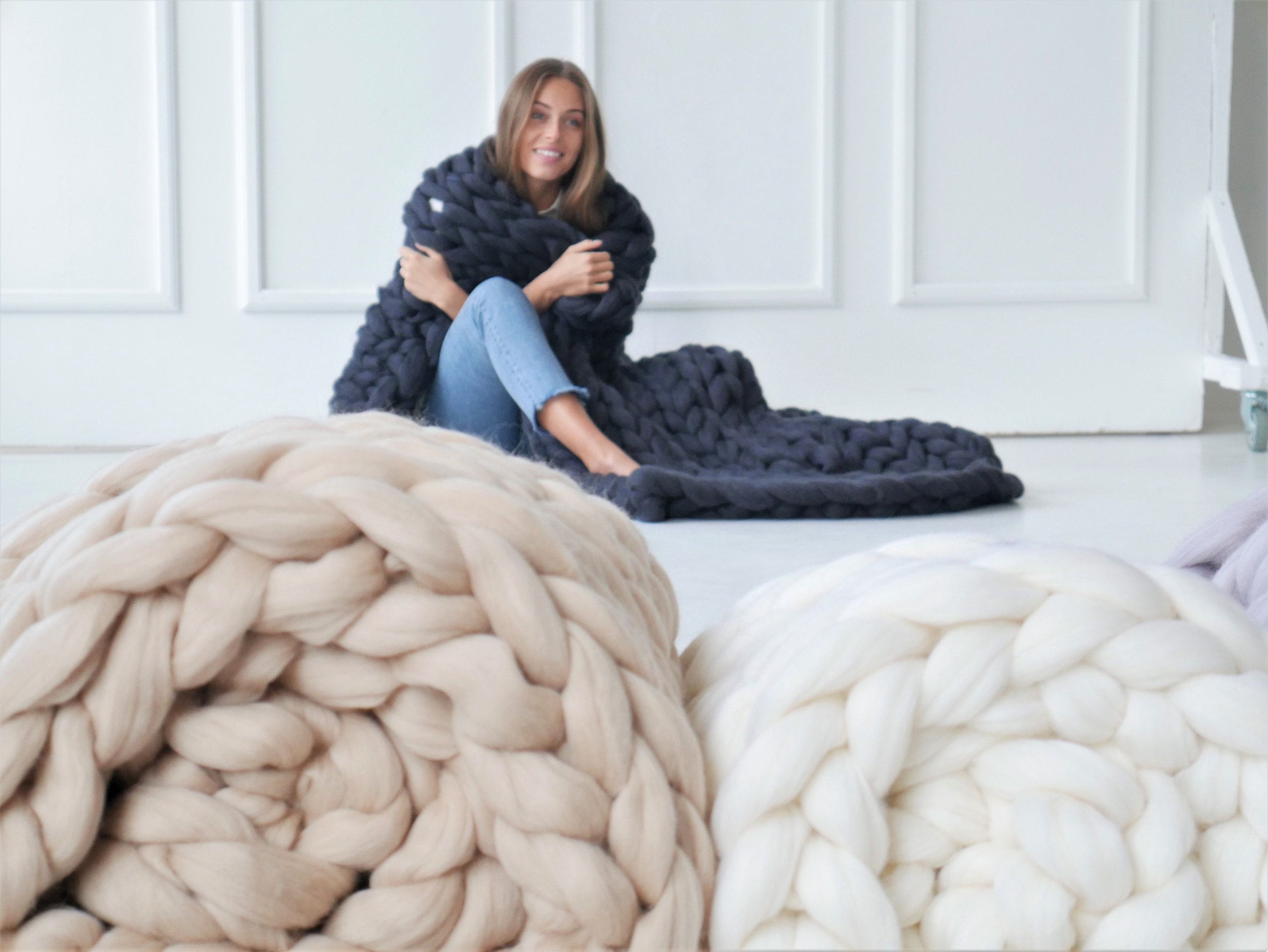 Chunky Knit Blanket Chunky Knit Throw Merino Wool Blanket | Etsy