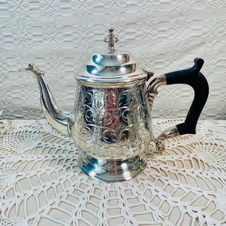 Vintage EPNS Silver Plate 4pc Tea Service Etched Design Bakelite ...