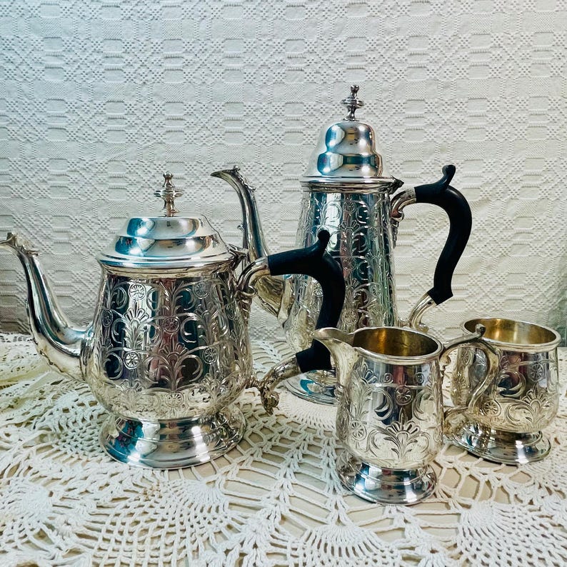 Vintage EPNS Silver Plate 4pc Tea Service Etched Design Bakelite ...
