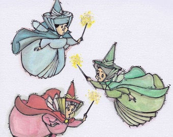 Sleeping Beauty Print, Three Good Fairies, Flora, Fauna, Merryweather ...