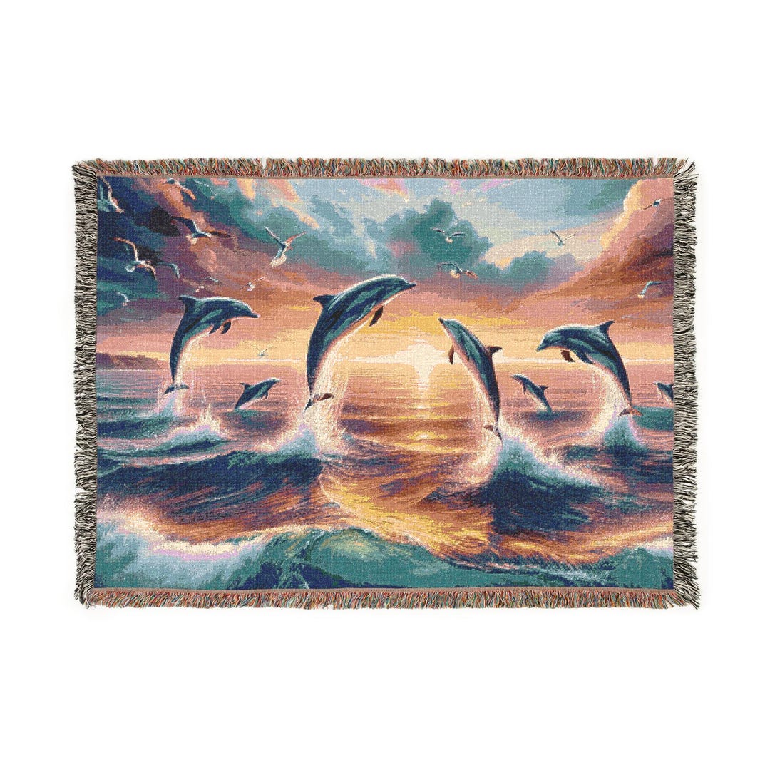 Dolphin Sunset Woven Blanket, Cozy Home Textiles, Quilt Decor, Nautical ...
