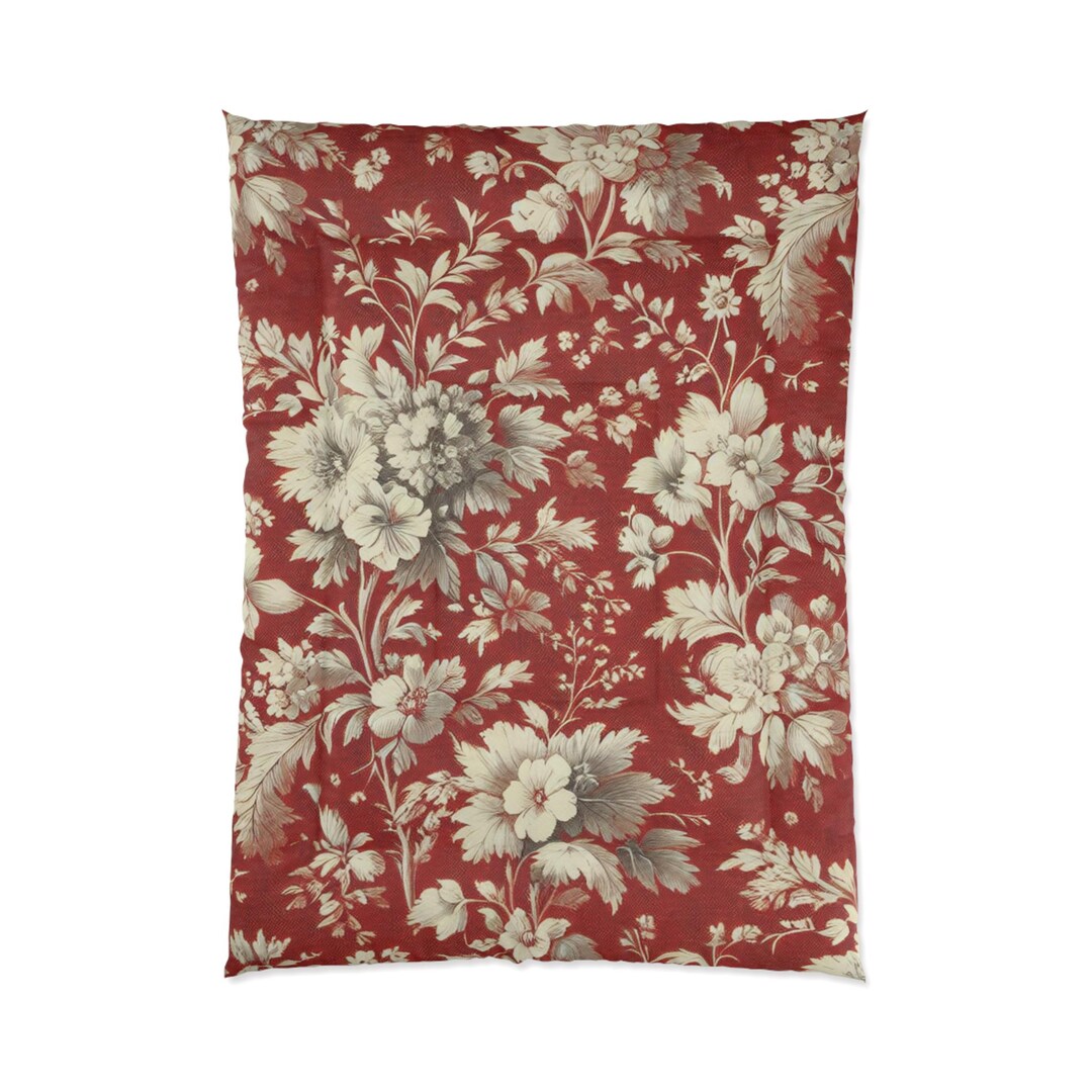 Vintage Red French Toile Gold Floral Comforter, Country Victorian ...