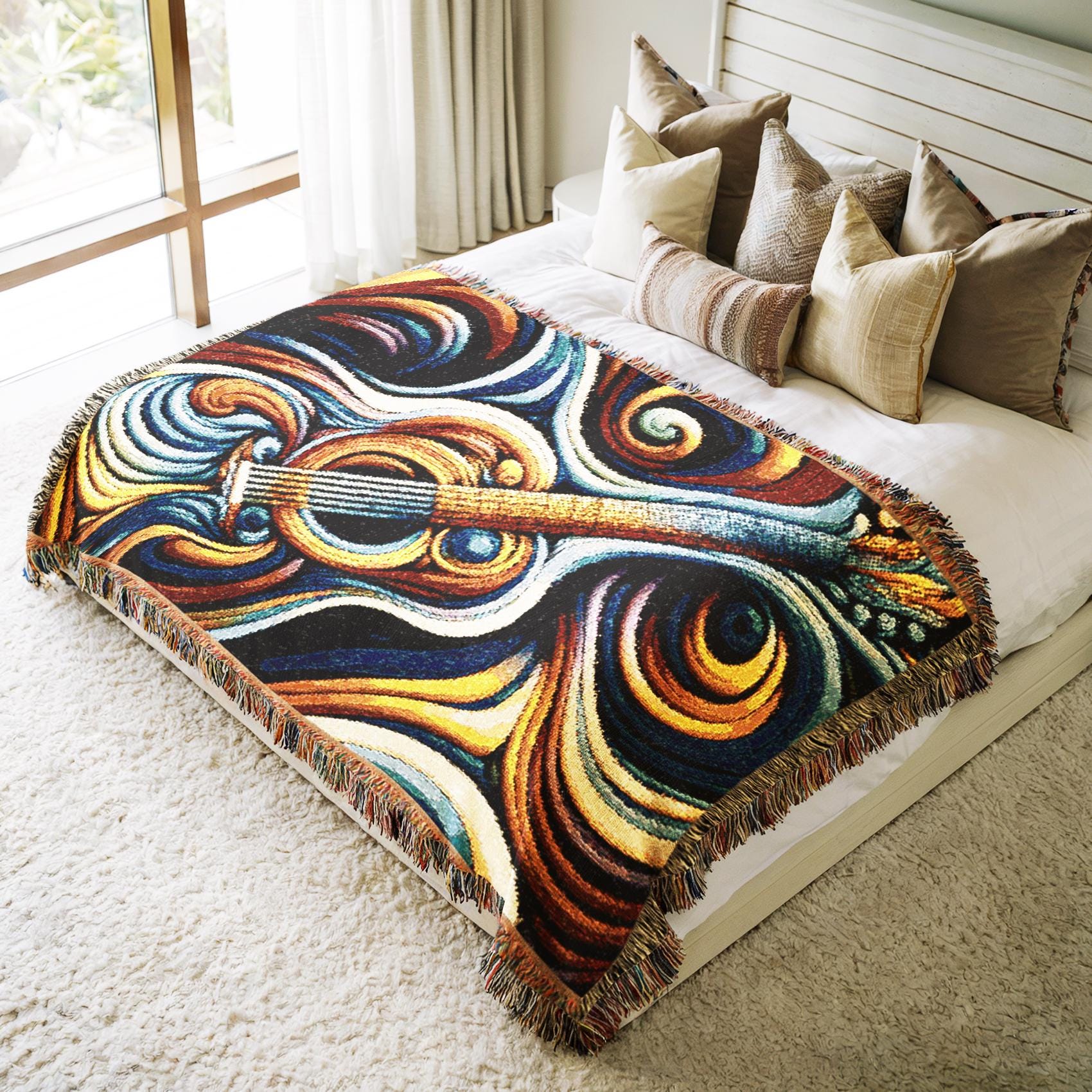Acoustic Guitar Musical Sound Waves Woven Throw Blanket, Colorful Quilt ...