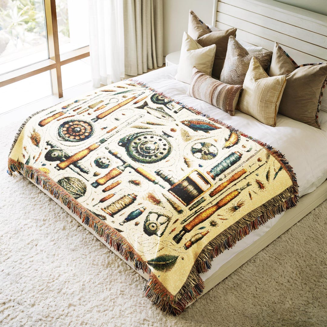 Fly Fishing Woven Blanket Quilt - Rustic Country Decor for Fishermen ...
