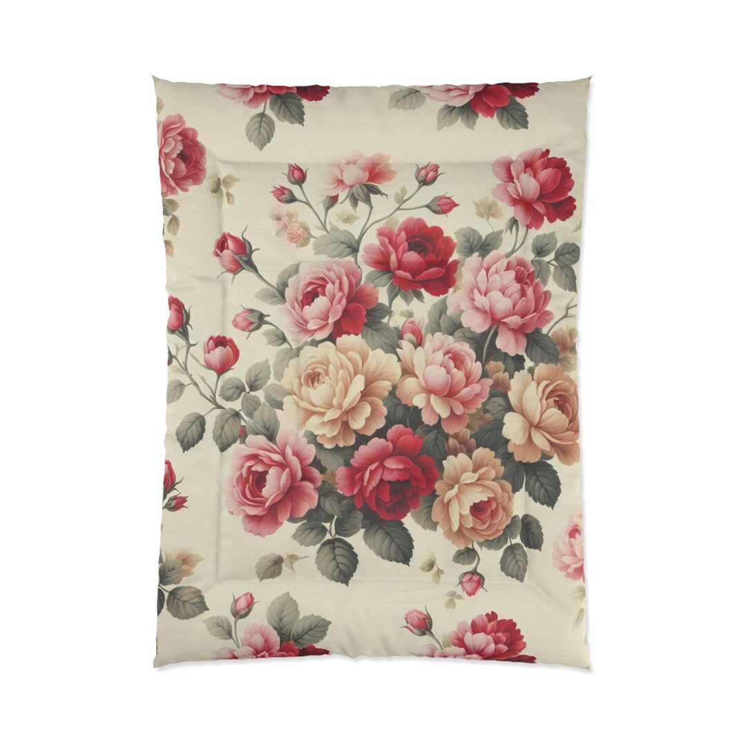 Pink Red Roses Comforter Bedspread Bed Spread, Country Cottage Style ...