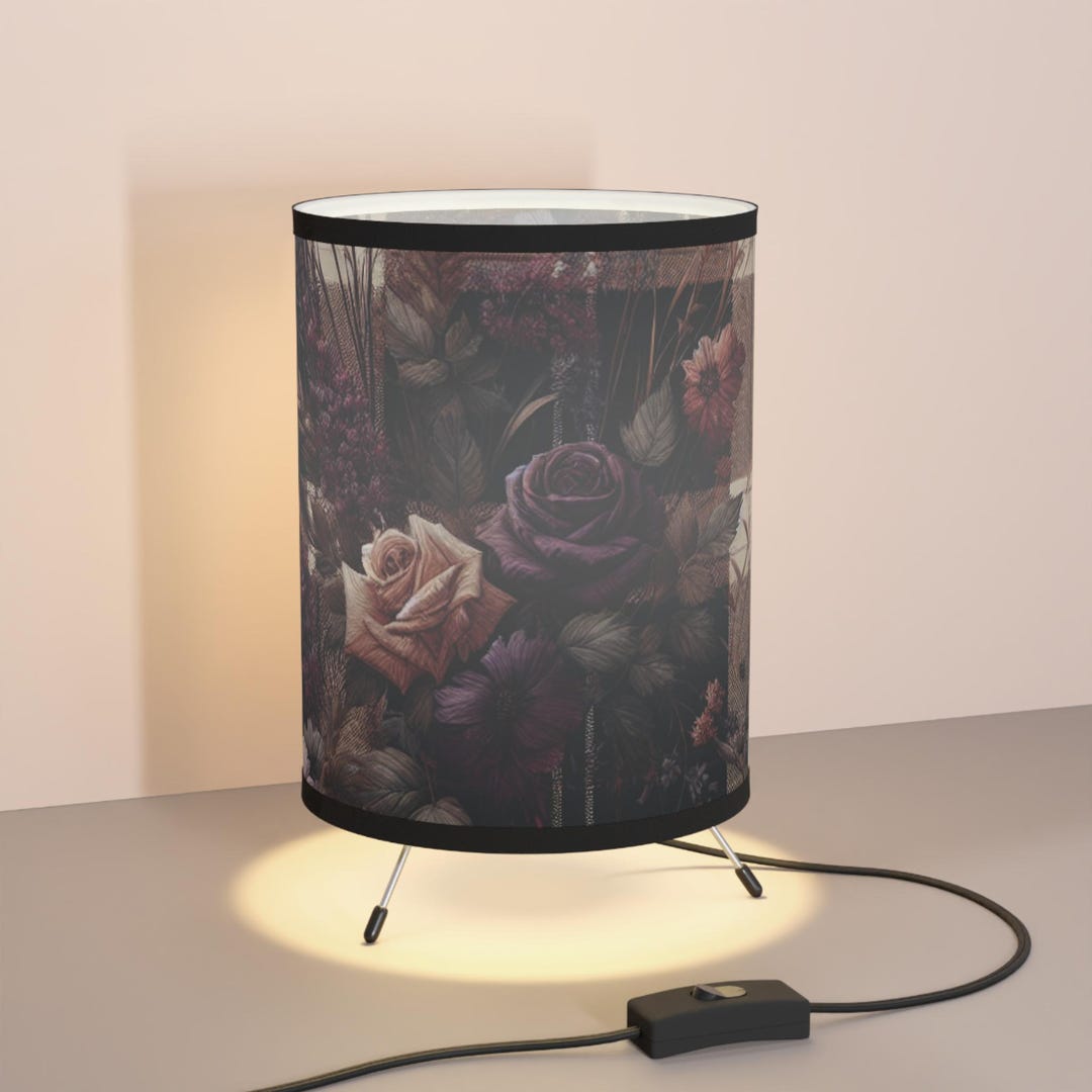 Dark Roses Floral Plaid Tripod Lamp, Cottagecore Desk Table Decor, Home ...