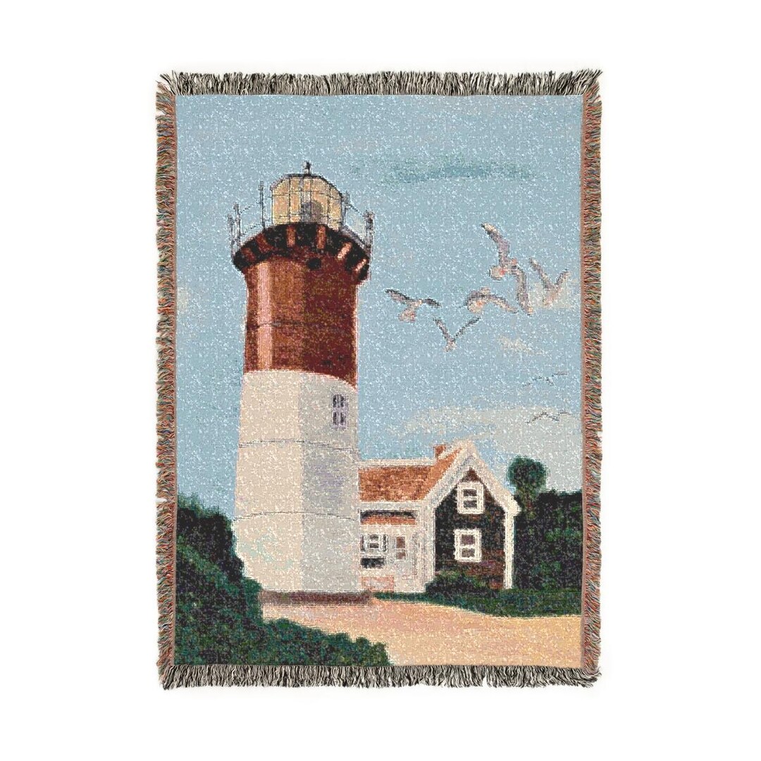 Cozy Red and White Nauset Lighthouse Cape Cod Woven Tapestry Blanket ...