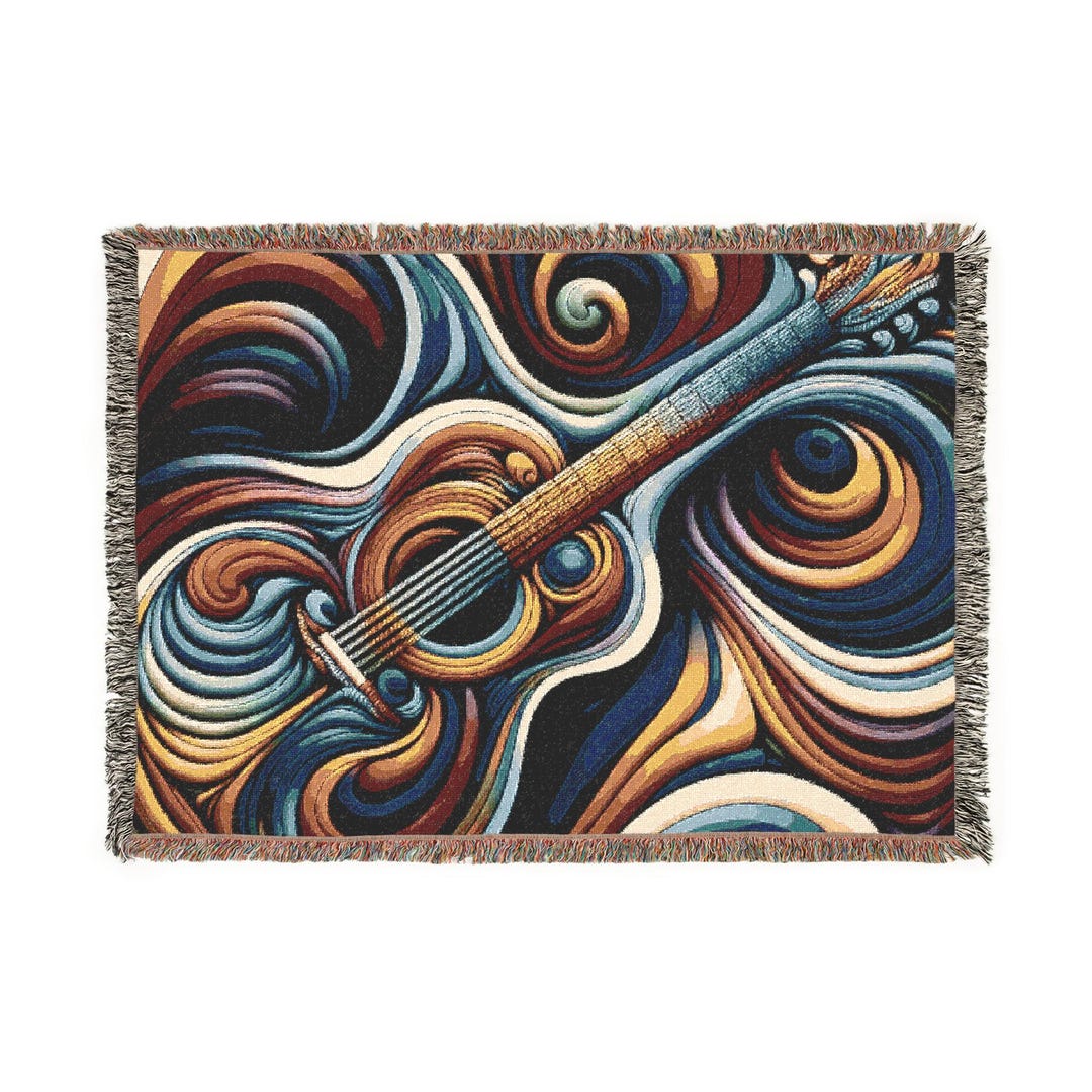 Acoustic Guitar Musical Sound Waves Woven Throw Blanket, Colorful Quilt ...