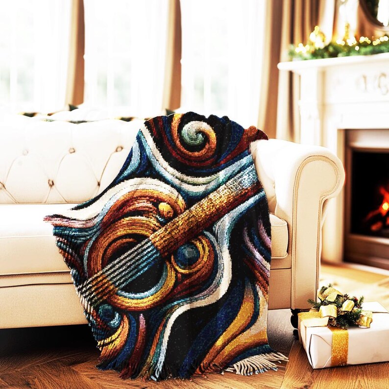 Acoustic Guitar Musical Sound Waves Woven Throw Blanket, Colorful Quilt ...