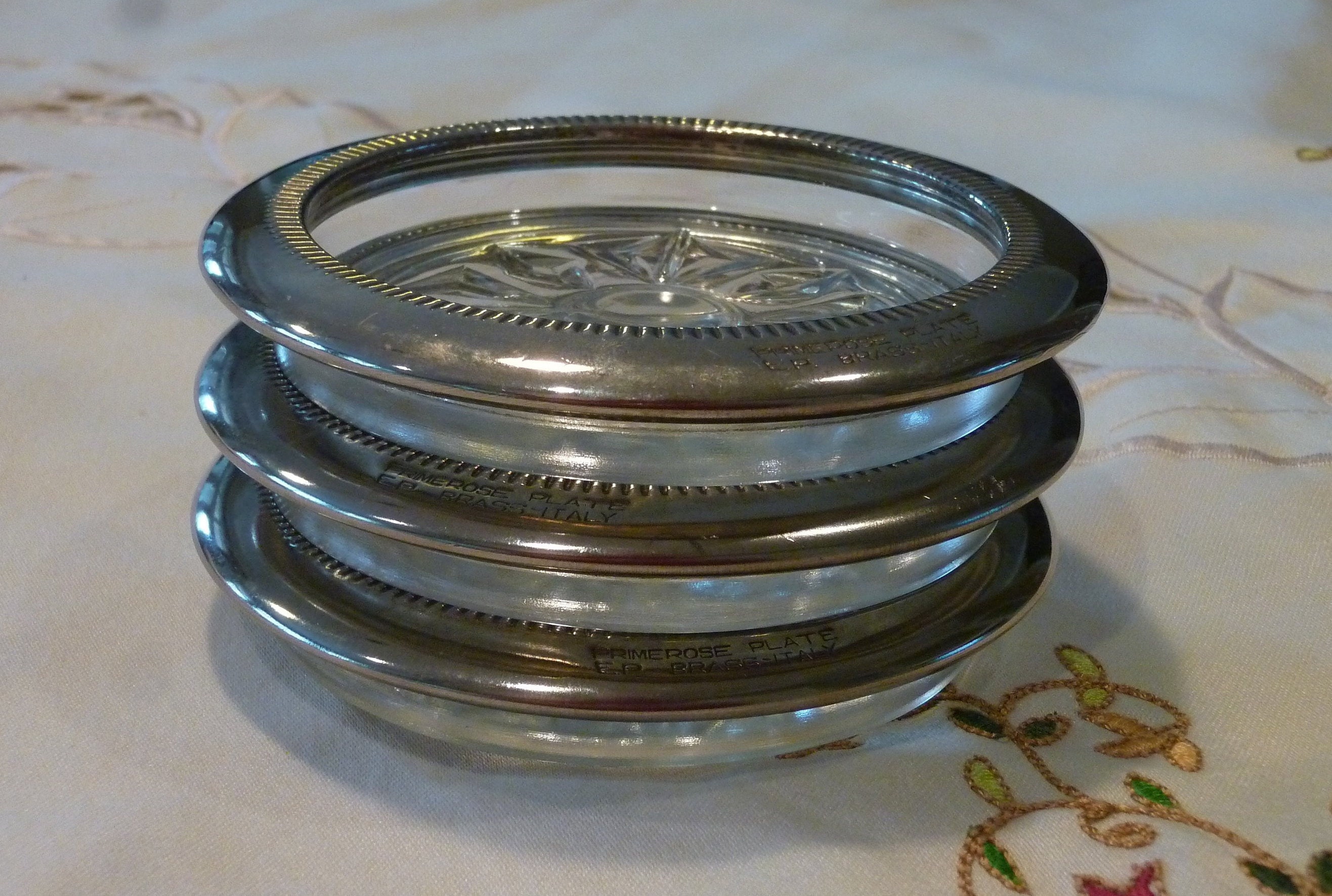 Vintage Glass Coasters silver Primrose Plate EP Brass Italy-3 - Etsy
