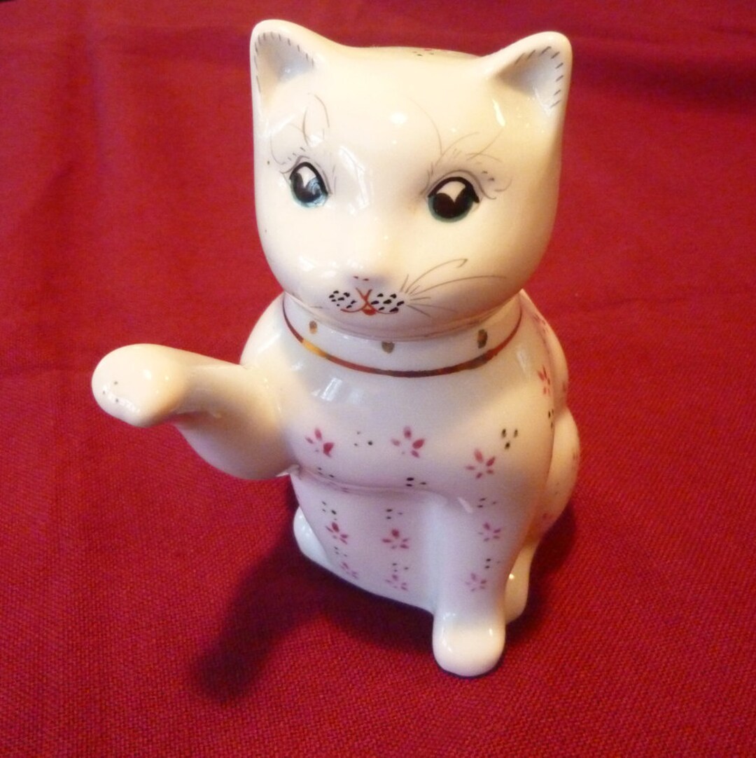 Vintage Cat Creamer - Hand Painted White Milk Jug - Pretty Pink Flowers ...